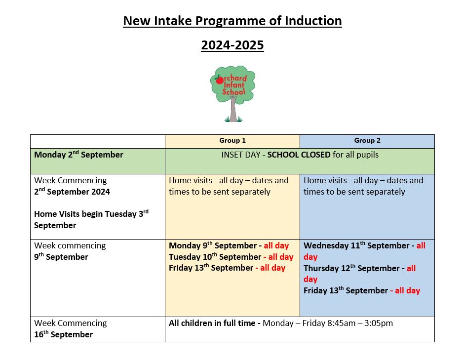 Orchard Infant School - Year R Induction 2024-2025